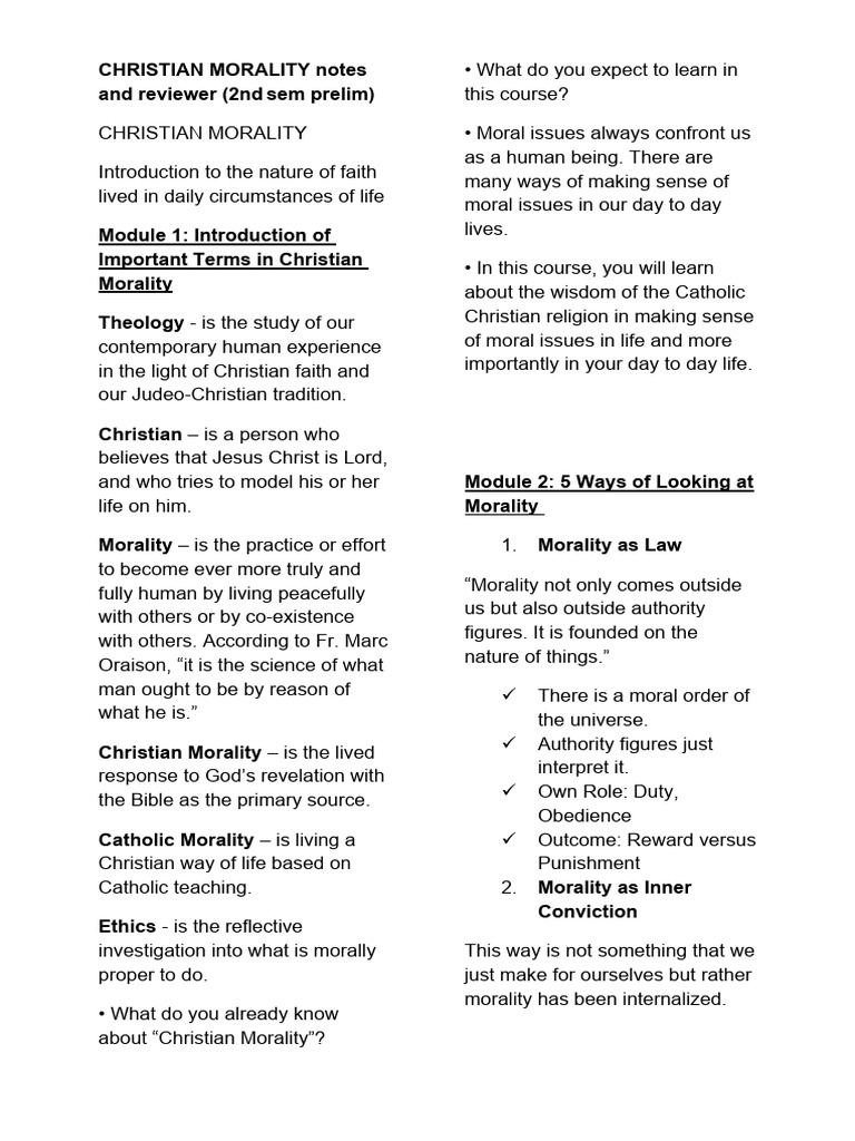 CHRISTIAN MORALITY notes and reviewer (2nd sem prelim | PDF | Christian ...