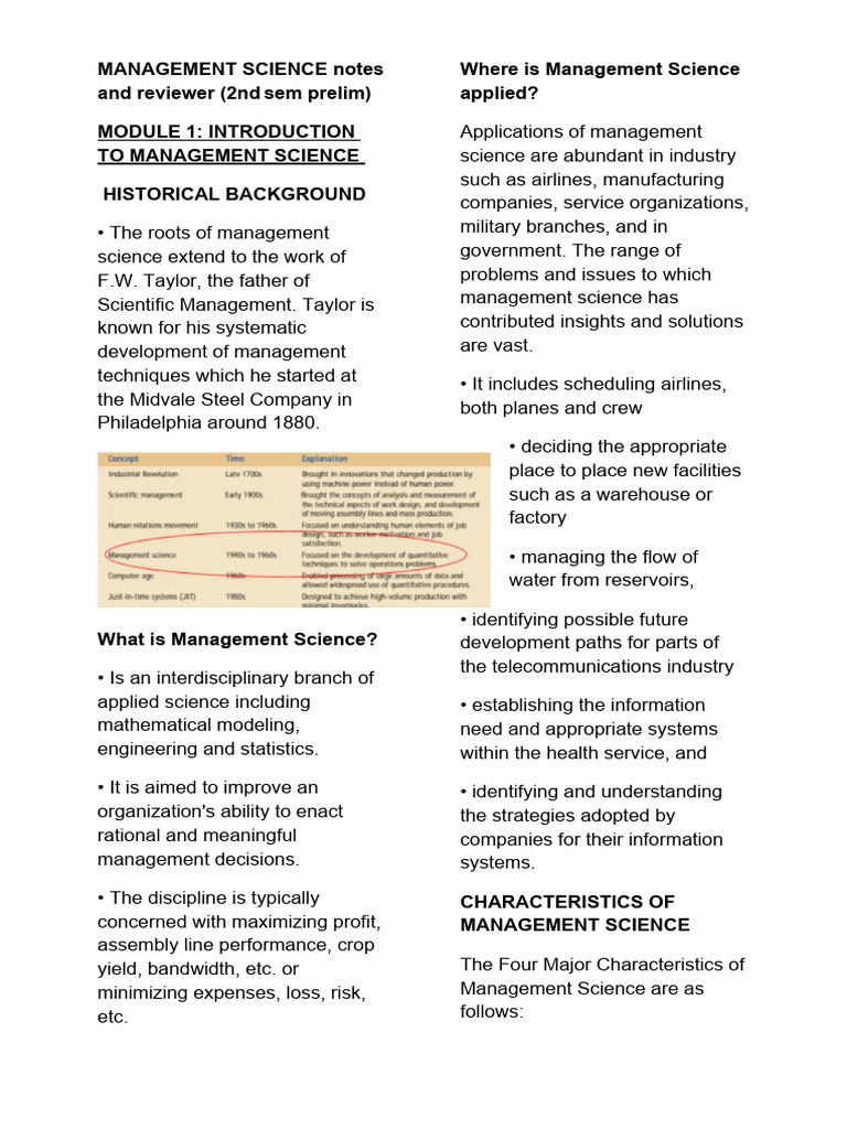 MANAGEMENT SCIENCE Notes and Reviewer (2nd Sem Prelim) | PDF | Science ...