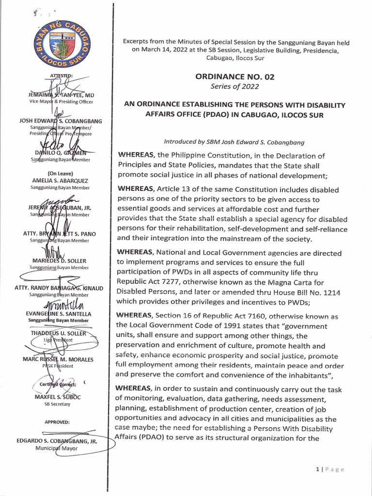 Women and Family An Ordinance Establishing The Person With Disability Affairs Office (Pdao) | PDF
