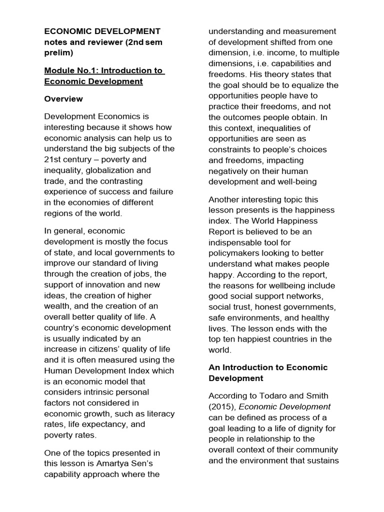 ECONOMIC DEVELOPMENT notes and reviewer (2nd sem prelim) | PDF ...