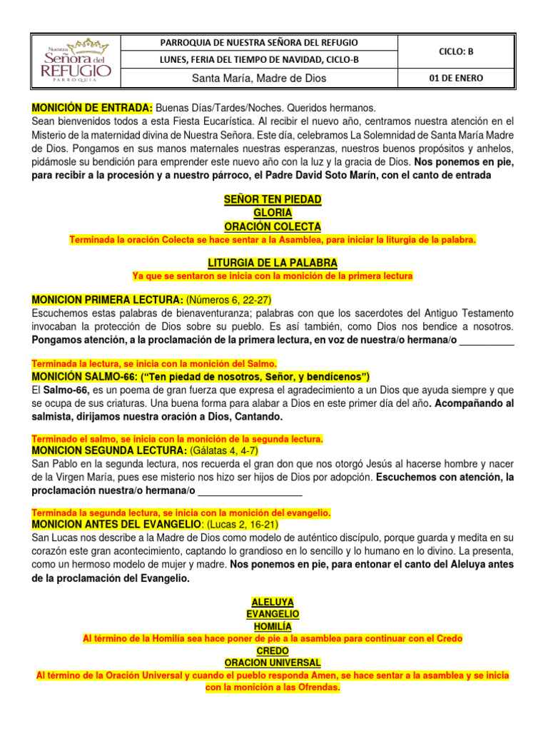 B-Monición Misa Santa María, Madre de Dios 01-01-24 | Descargar gratis PDF | Misa (liturgia ...