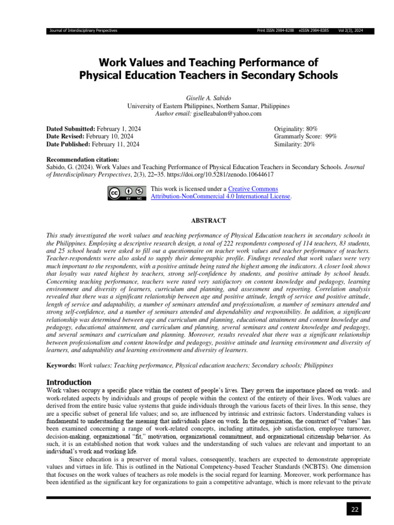 Work Values & PE Teaching Performance | PDF | Teachers | Pedagogy