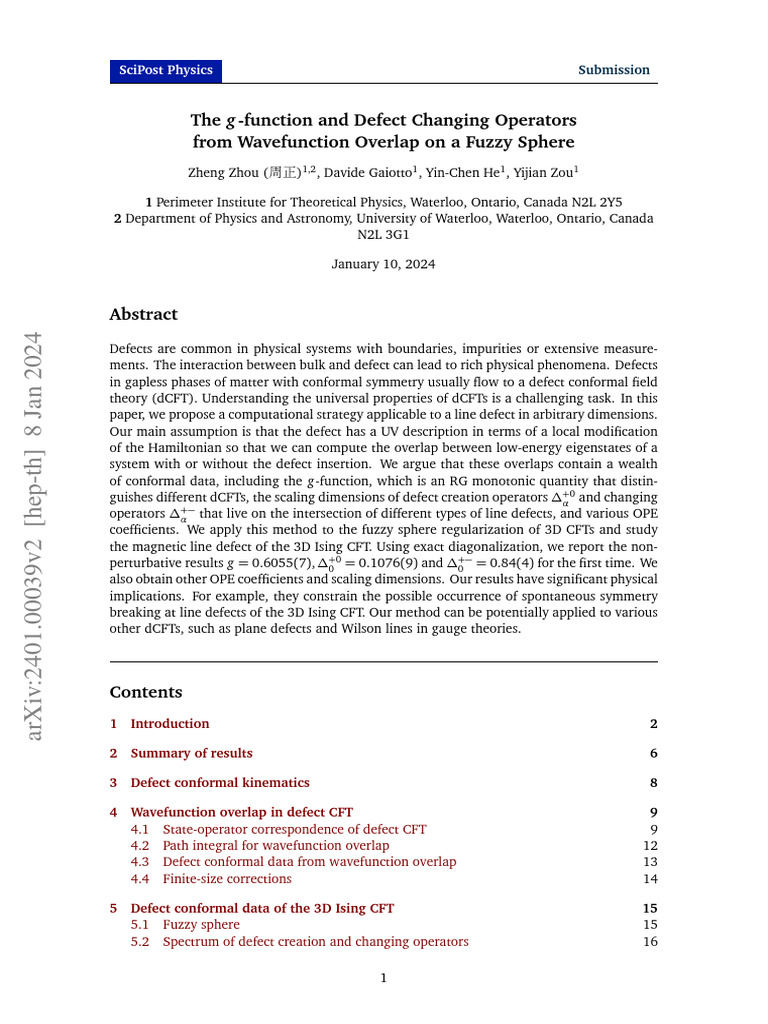 The G - Function and Defect Changing Operators From Wavefunction Overlap On A Fuzzy Sphere | PDF ...