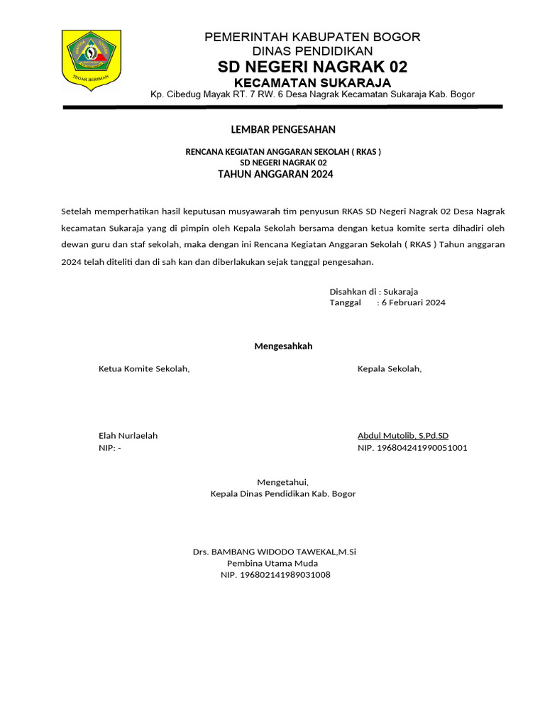 Lembar Pengesahan Rkas 2024 | PDF