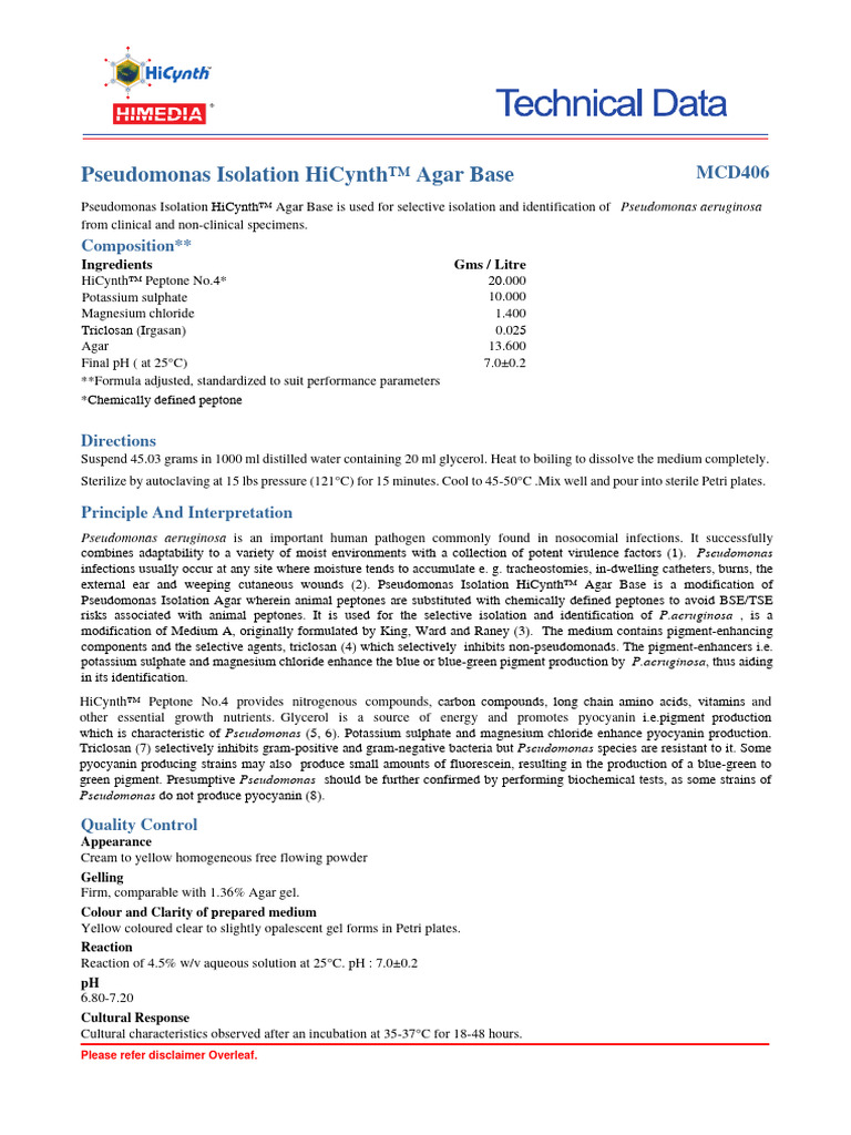 Pseudomonas Isolation HiCynth™ Agar Base | PDF | Pseudomonas Aeruginosa ...