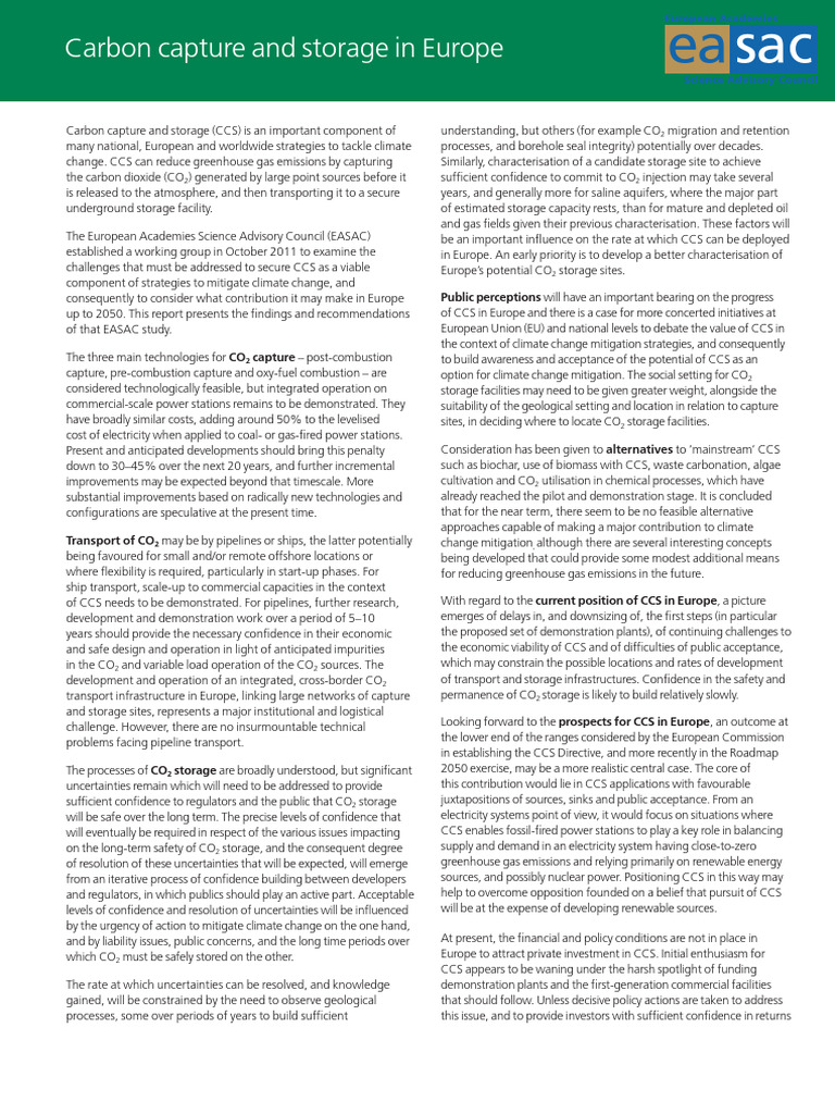 Easac 13 CCS Summary Web | PDF | Carbon Capture And Storage | Climate ...