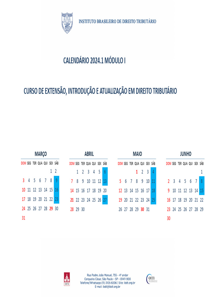 Calendario - IADT - 2024 1 MODULO I | PDF