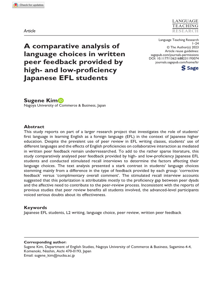 A Comparative Analysis of Language Choices in Written Peer Feedback | PDF | English As A Second ...