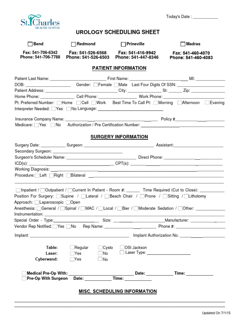 Urology Fillable Scheduling Form | PDF | Surgery | Patient