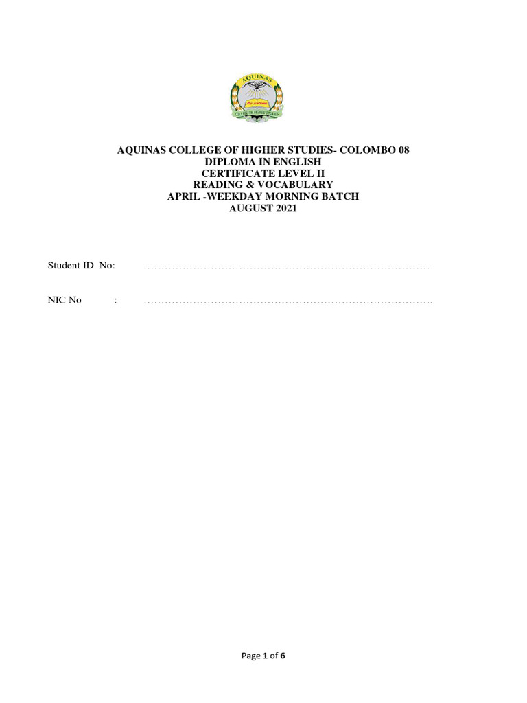 Certificate Level II - Reading & Vocabulary Aug 2021 | PDF