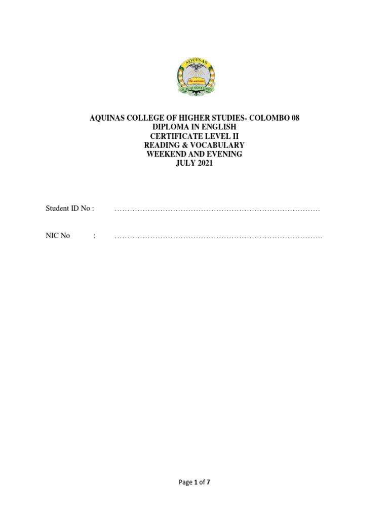 Certificate Level II - Reading & Vocabulary July 2021 | PDF | Diana | Compact Disc