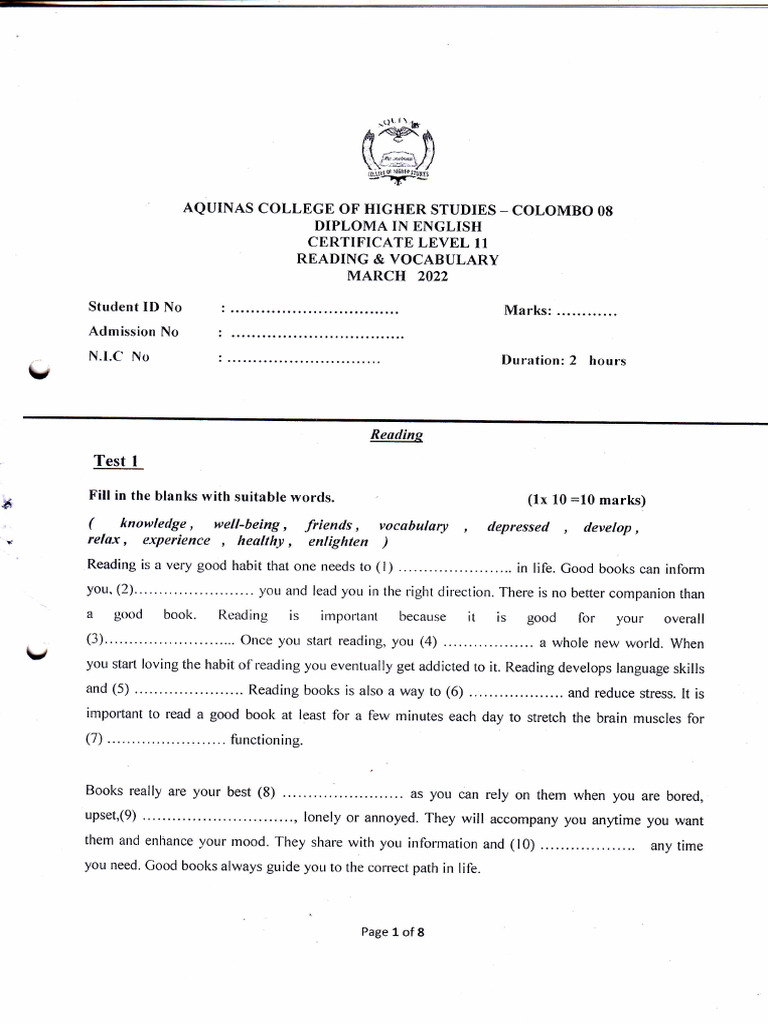 Certificate Level II - Reading & Vocabulary March 2022 | PDF | Learning | Reading (Process)