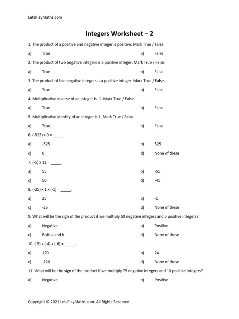 Integers Worksheet-34r | PDF | Multiplication | Integer