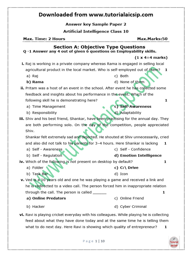 Answer Key Sample Paper 2 AI Class 10 | PDF | Artificial Intelligence ...
