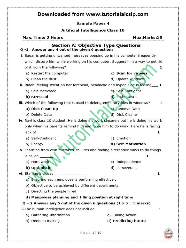 Class 10 AI Sample Paper 4 | PDF | Artificial Intelligence ...