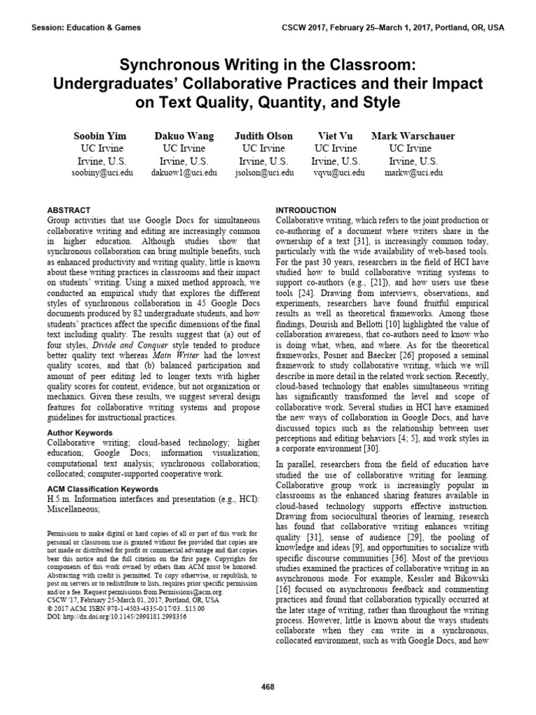 Synchronous Collaborative Writing in The Classroom | PDF | Collaboration | Human–Computer ...