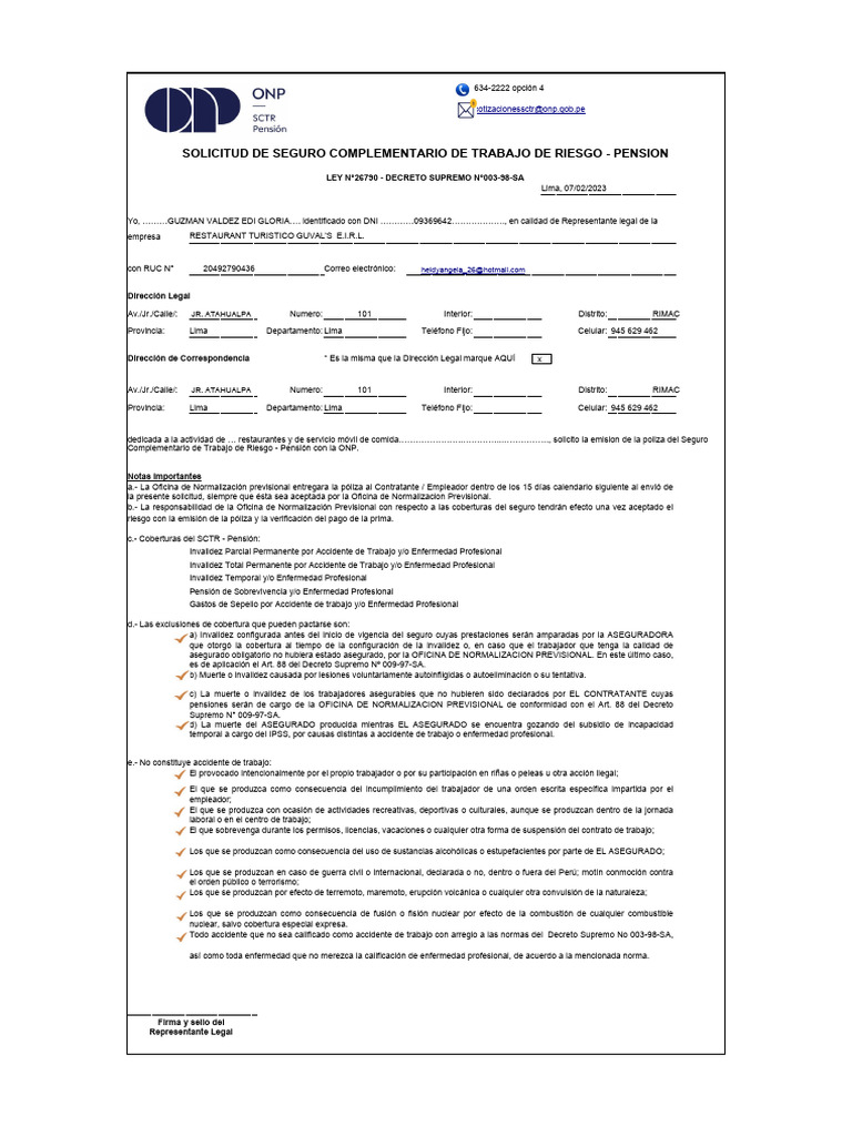 Solicitud de Seguro Complementario de Trabajo de Riesgo - Pension | PDF