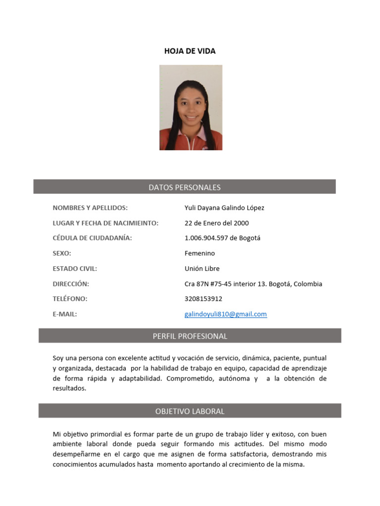 Hoja de Vida Yuli Galindo López | PDF