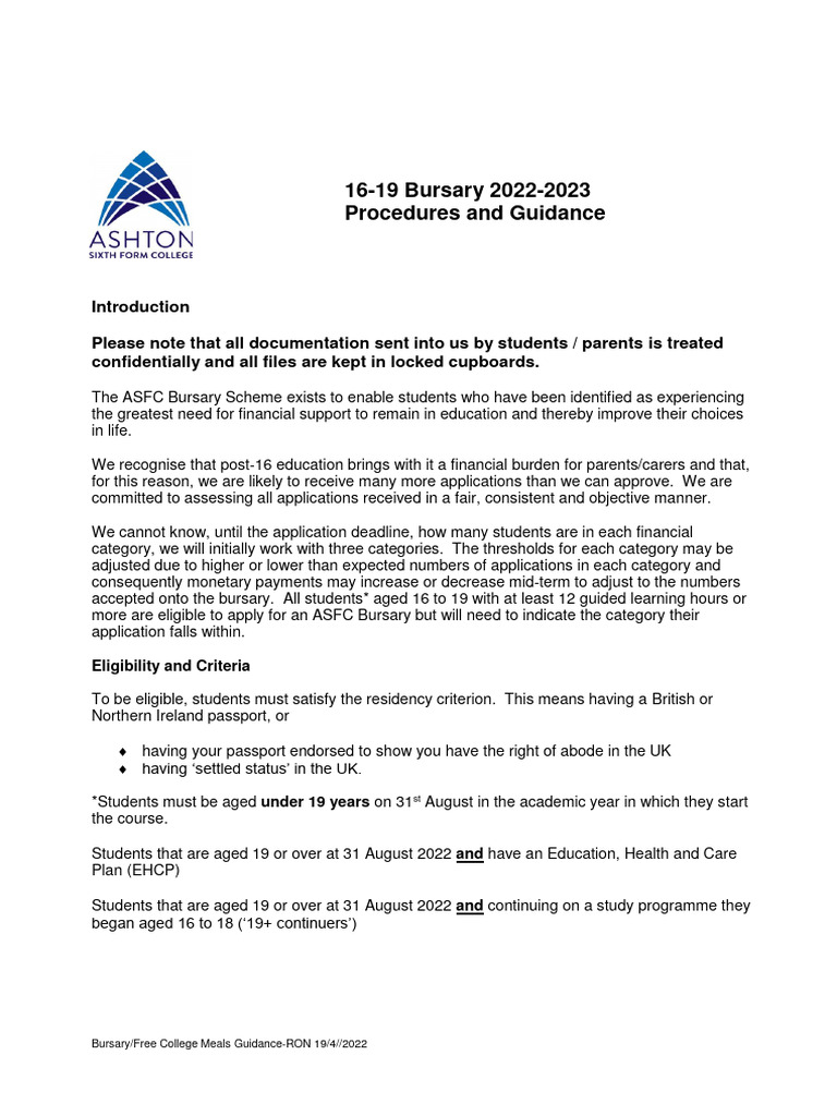 Bursary Application Form August 2022 2023 Guidance Notes | PDF ...