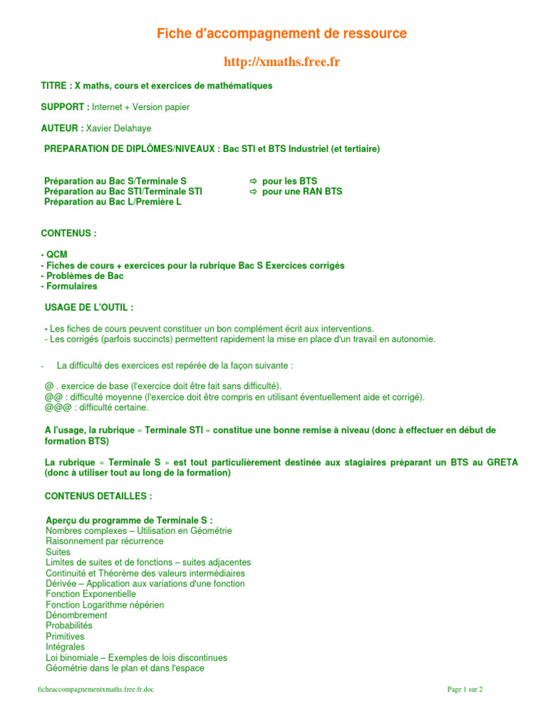 Fiche D'accompagnement de Ressource: Ficheaccompagnementxmaths - Free.fr - Doc Page 1 Sur 2 | PDF