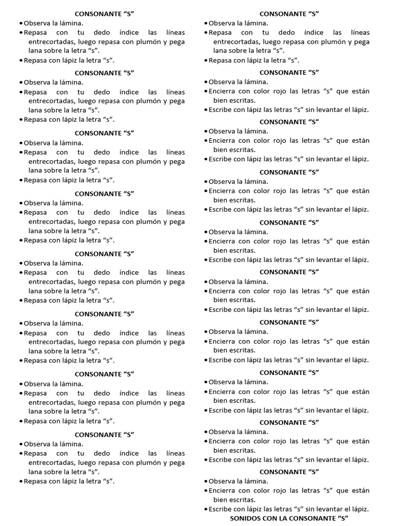 Actividades con la consonante S | PDF | Comunicación oral | Escritura