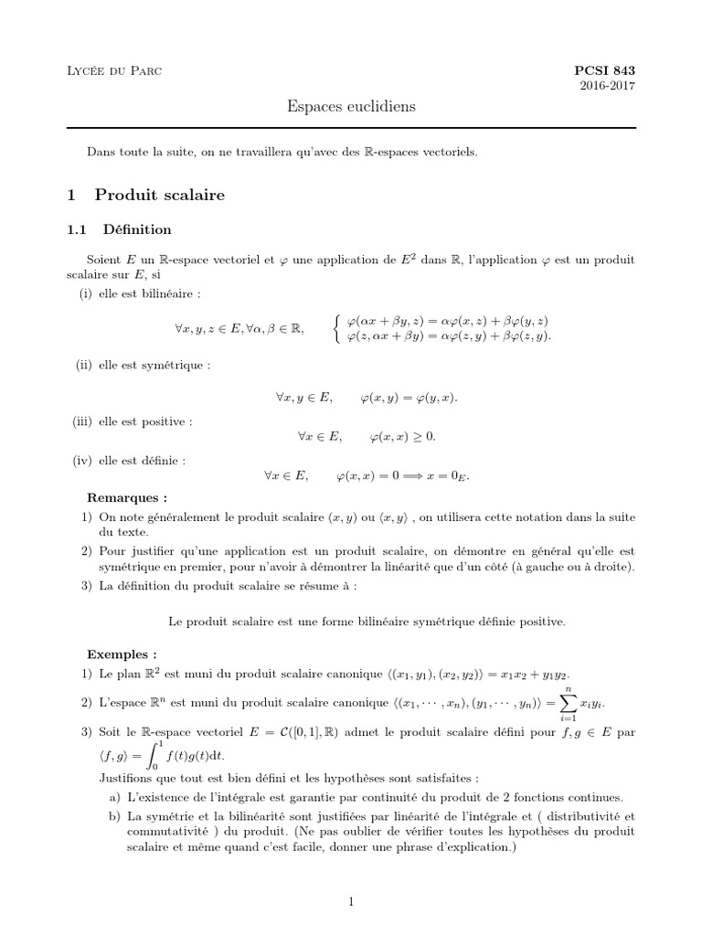 Définition et Propriétés des Espaces Euclidiens | PDF | Orthogonalité ...