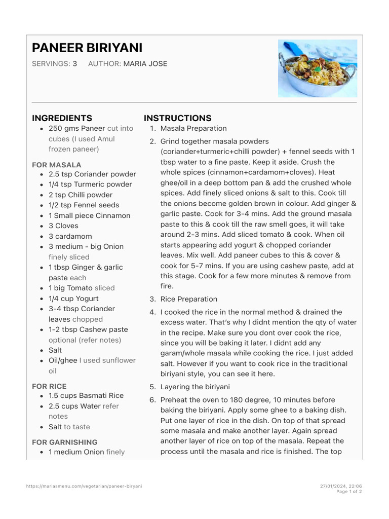 Paneer Biriyani - MariasMenu | PDF