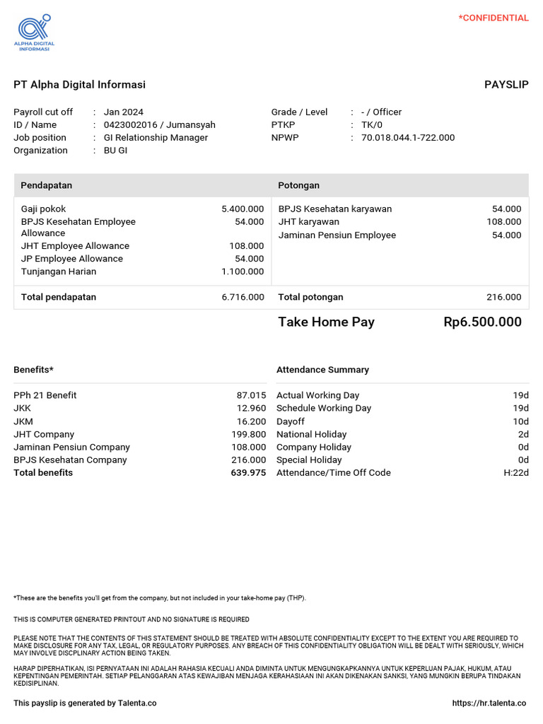 Talenta Payslip PT Alpha Digital Informasi Jan 2024 Jumansyah | PDF ...