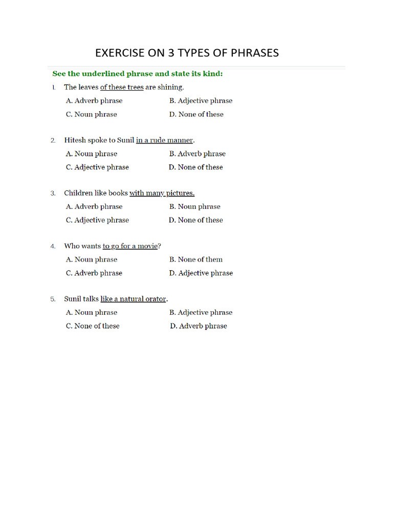 Exercise On 3 Types of Phrases | PDF