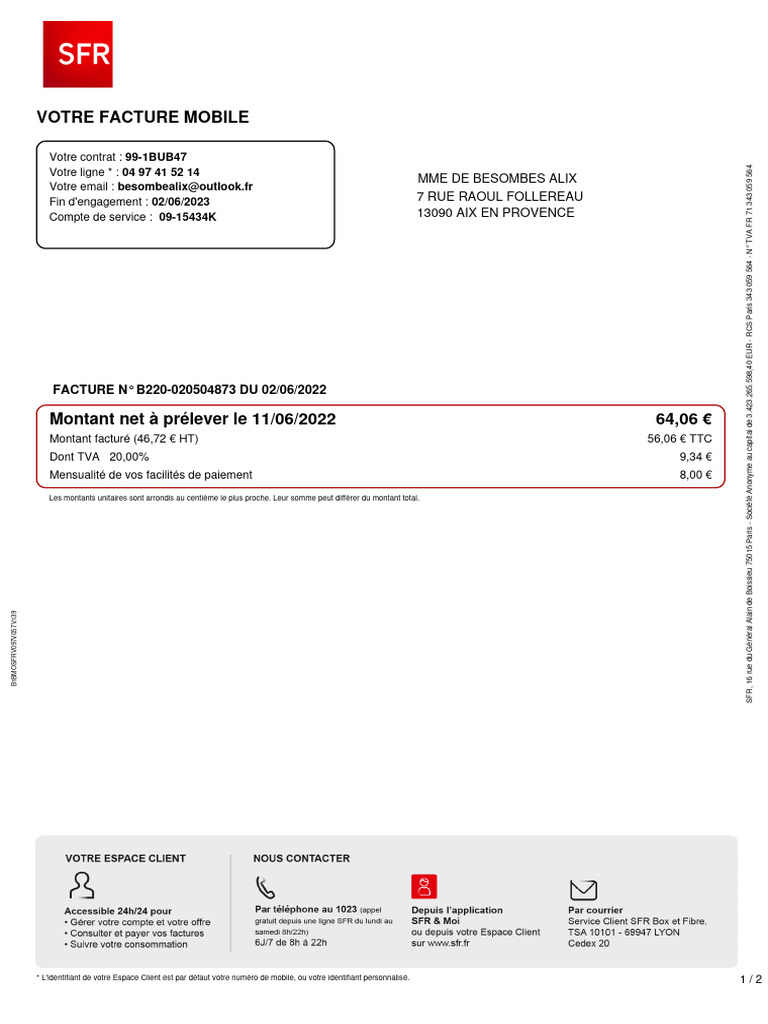 Facture SFR Mobile - Juin 2022 | PDF | Taxe sur la valeur ajoutée | Jargon