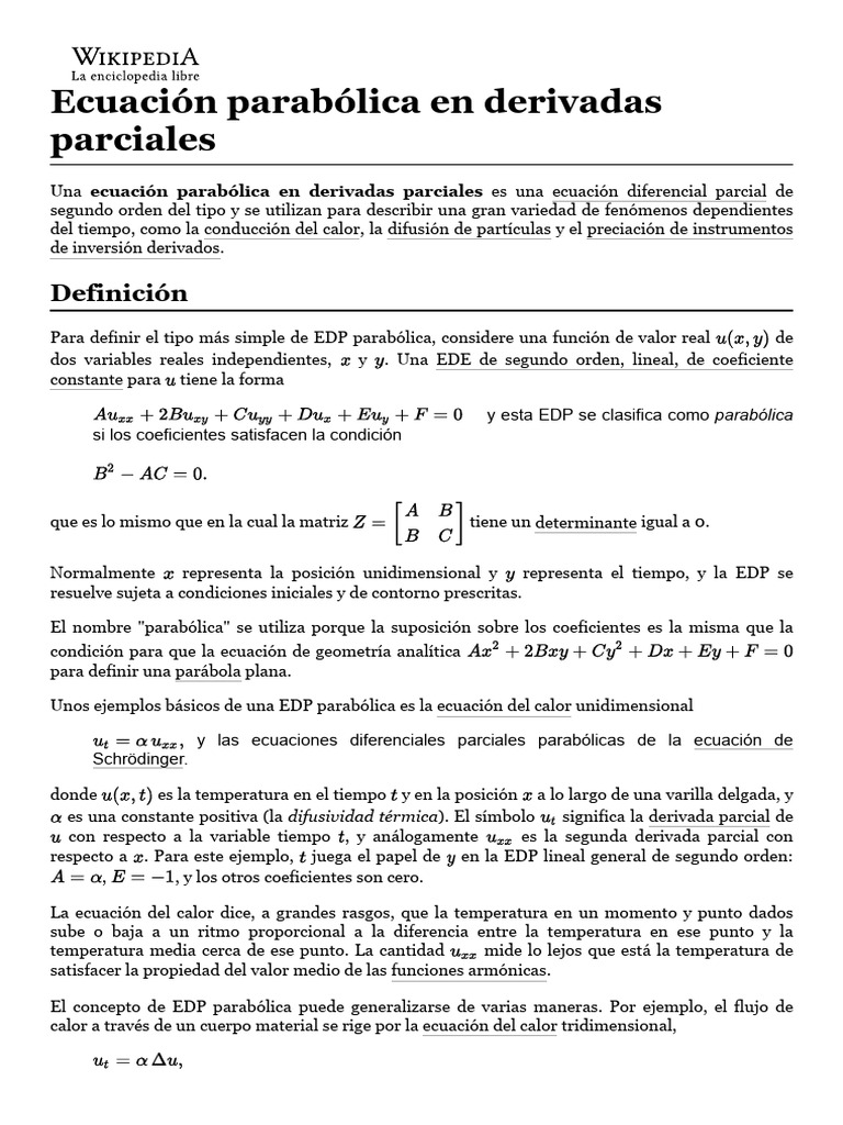 Ecuación Parabólica en Derivadas Parciales - Wikipedia, La Enciclopedia Libre | PDF ...