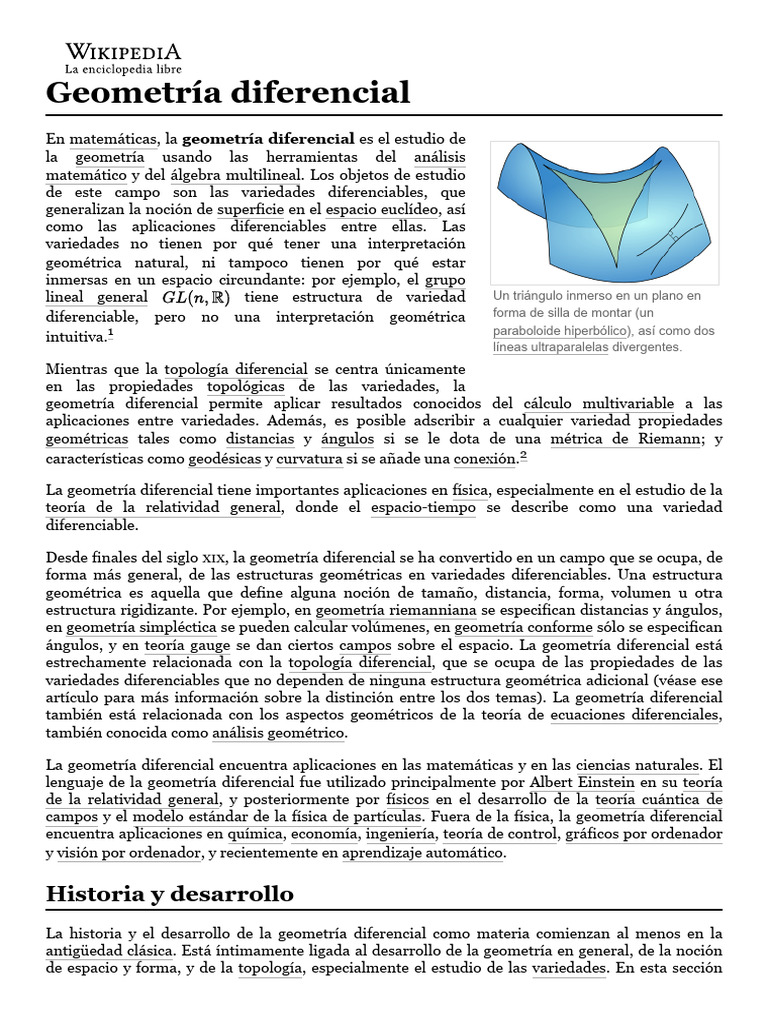 Geometría Diferencial - Wikipedia, La Enciclopedia Libre | PDF | Colector | Geometría