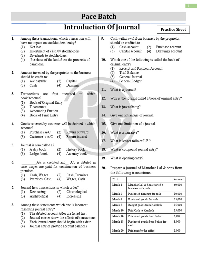 Introduction of Journal - Practice Sheet & Solution - Pace Commerce | PDF | Debits And Credits ...