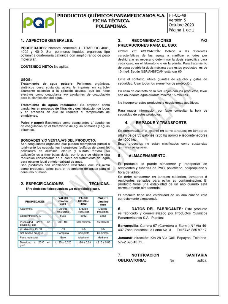 FT-CC-48 Poliaminas. Ultrafloc 4001, 4002 y 4010 | PDF | Agua | Química