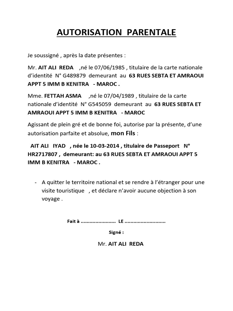 Lettre Type Pour Autorisation Parentale Modele De Cv Catalogue 2025