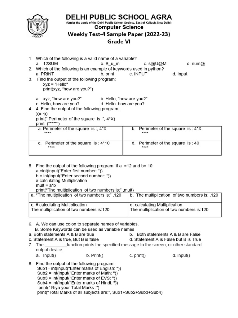 Python Basics for Grade VI Test | PDF | Computer Engineering | Computer ...