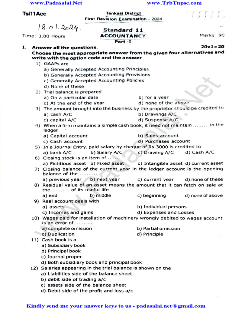 11th Accountancy EM First Revision Exam 2024 Question Paper Thenkasi ...