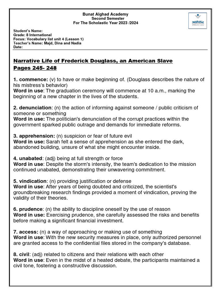 Vocabulary from Douglass' Narrative | PDF | Suffering