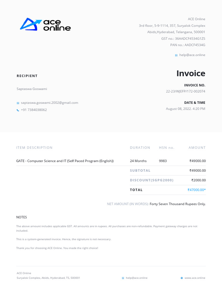 ACE Online Invoice for Saptaswa Goswami | PDF | Payments