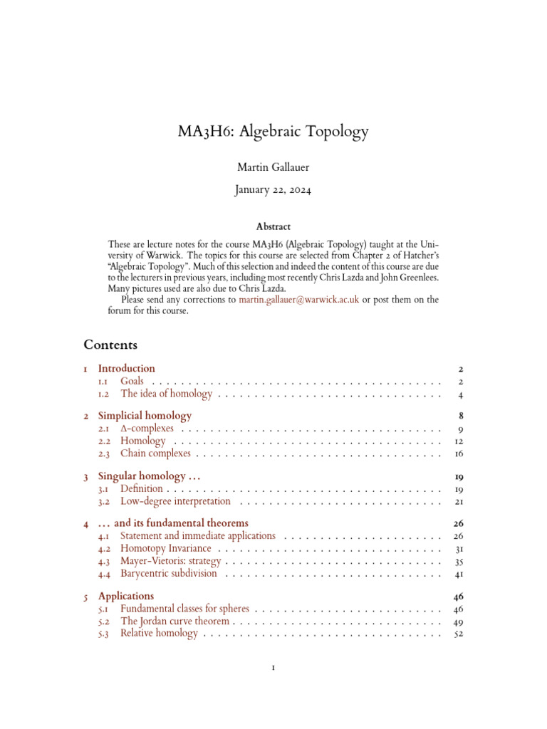 MA3H6: Algebraic Topology: Martin Gallauer January 22, 2024 | PDF ...