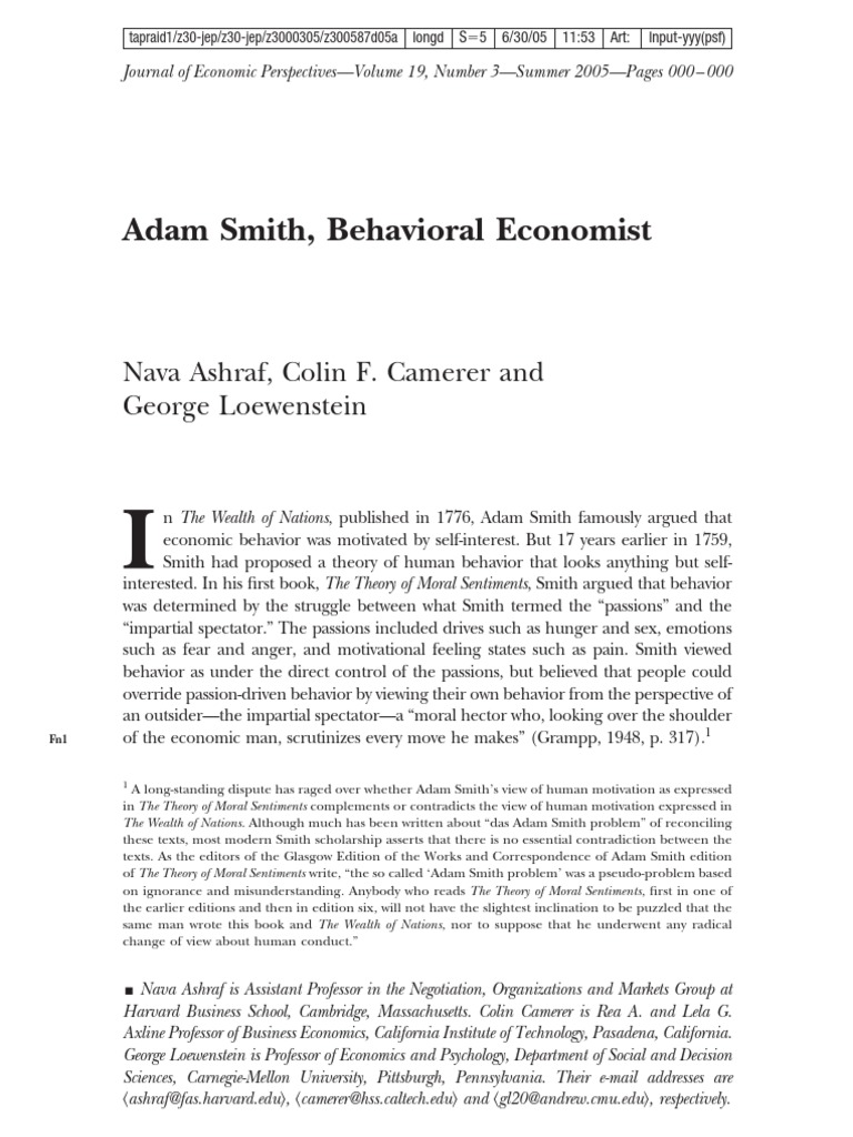 Adam Smith, Behavioral Economist: Nava Ashraf, Colin F. Camerer and ...