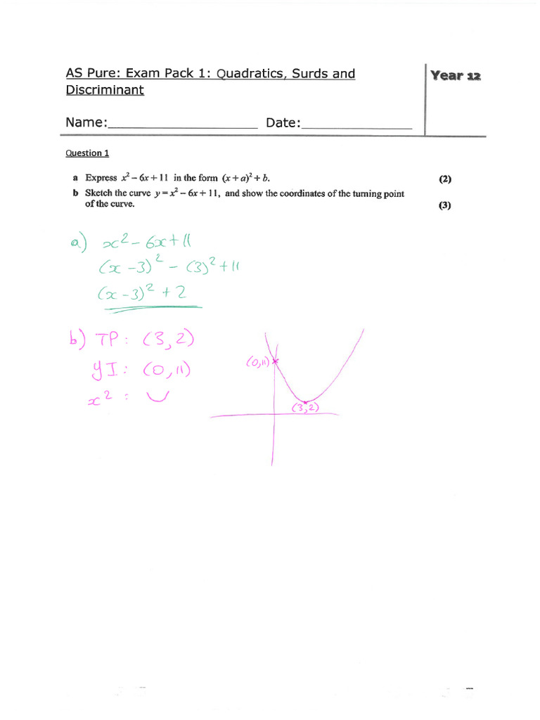 Quadratics, Surds and Discriminant Model Solutions | PDF