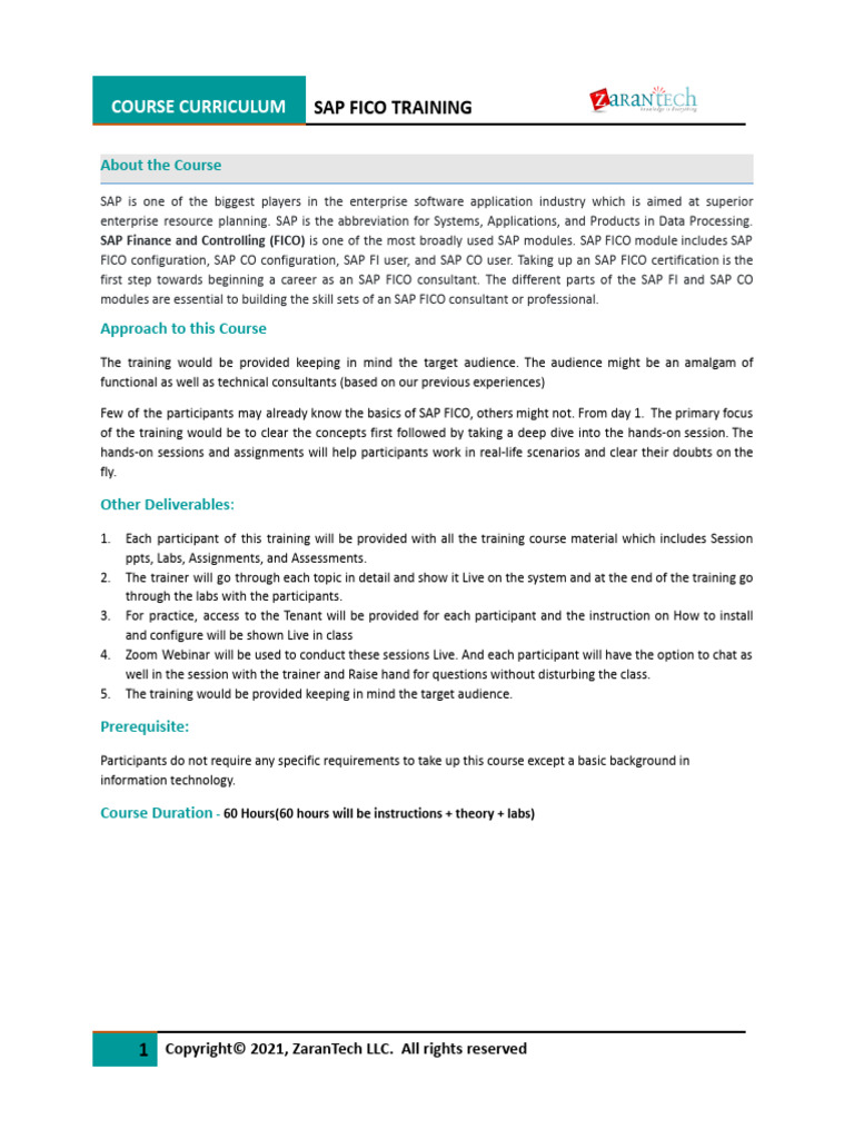 COURSE CURRICULUM - SAP FICO - TRAINING (60 HRS) | PDF | Depreciation ...