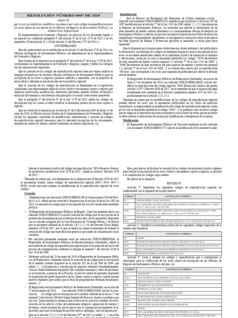 Códigos Registrales: Resolución 6007 | PDF | Propiedad | Propiedad de la comunidad