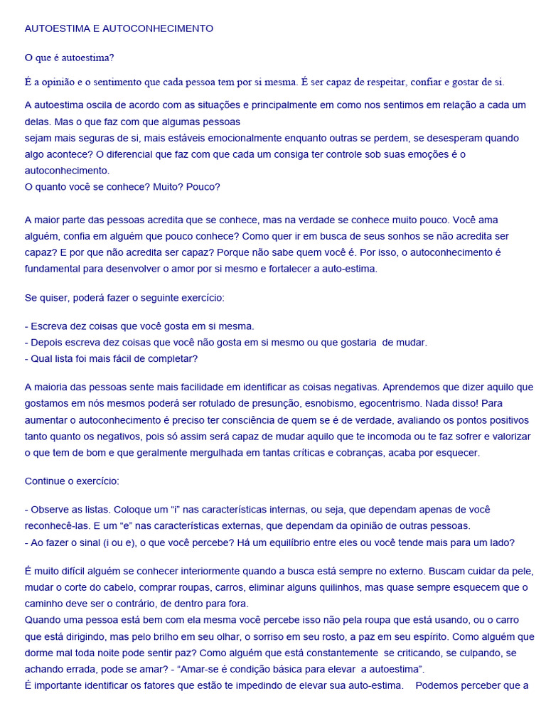 Autoestima e Autoconhecimento | PDF | Autoestima | Psicologia