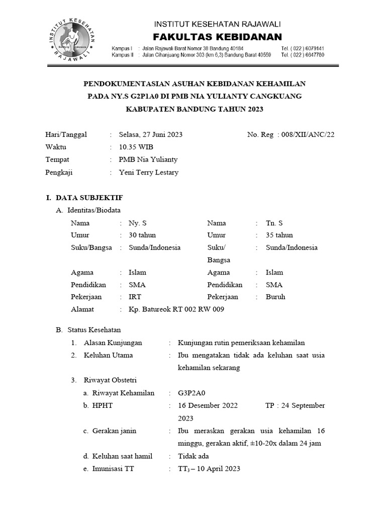 SOAP ANC Ny.S G3P2A0 Gravida 27 Minggu Usia 30 Tahun Dengan Posisi ...