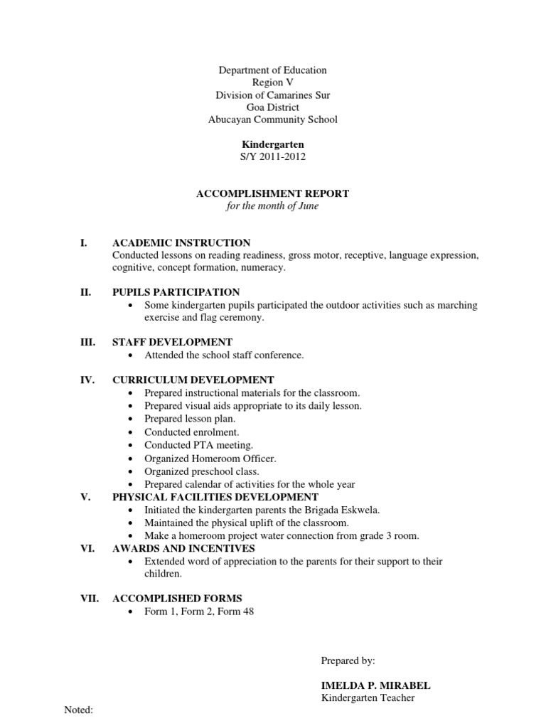Accomplishment Report | PDF | Kindergarten | Preschool