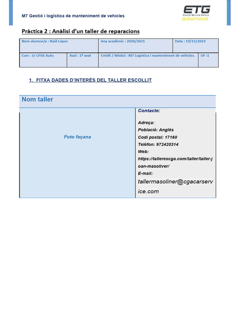 Pràctica 2 Analisis Dun Taller - Docx - Compressed | PDF