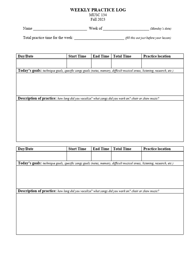 Weekly Practice Log, FA23 | PDF