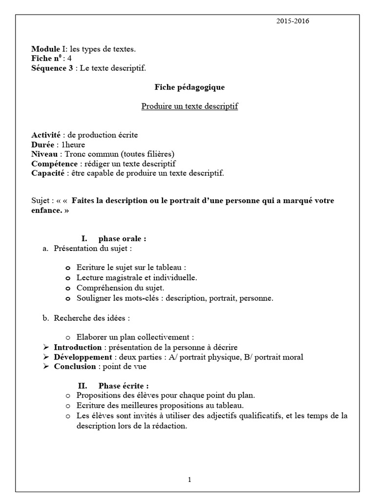 Fiche pédagogique : Texte descriptif | PDF
